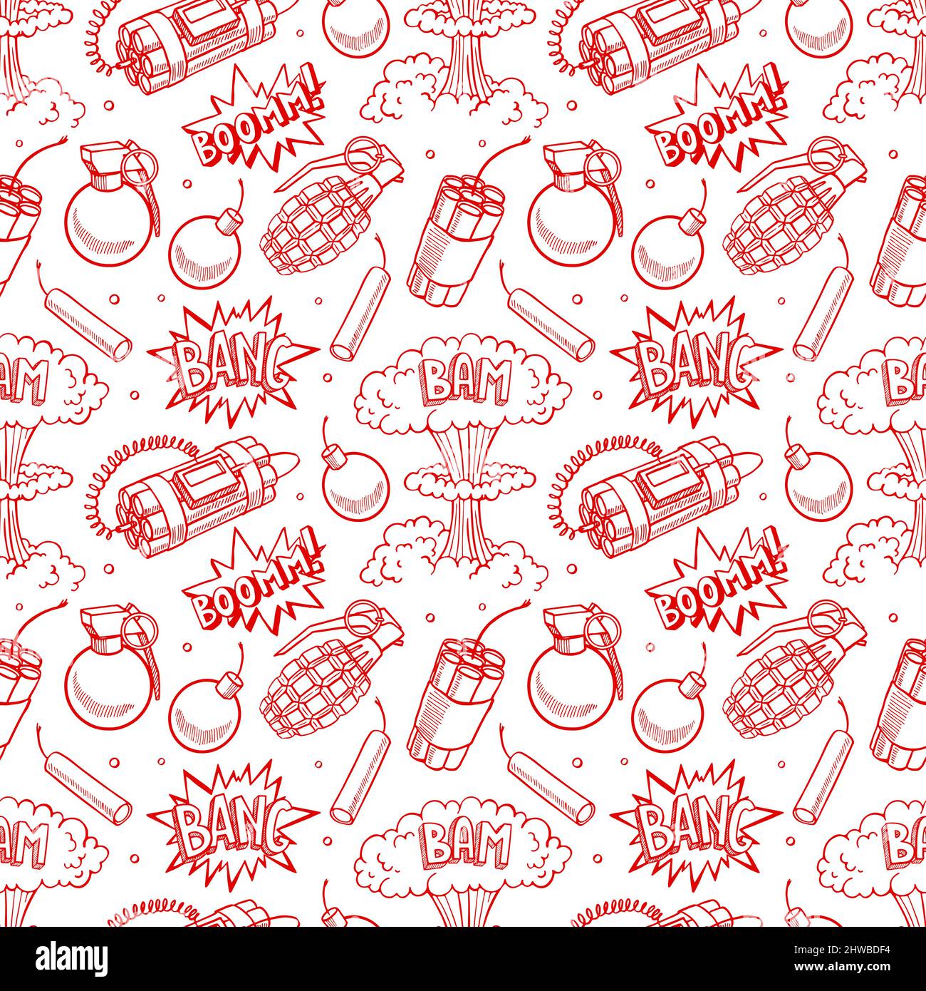cute seamless pattern of various explosive devices. hand-drawn ...