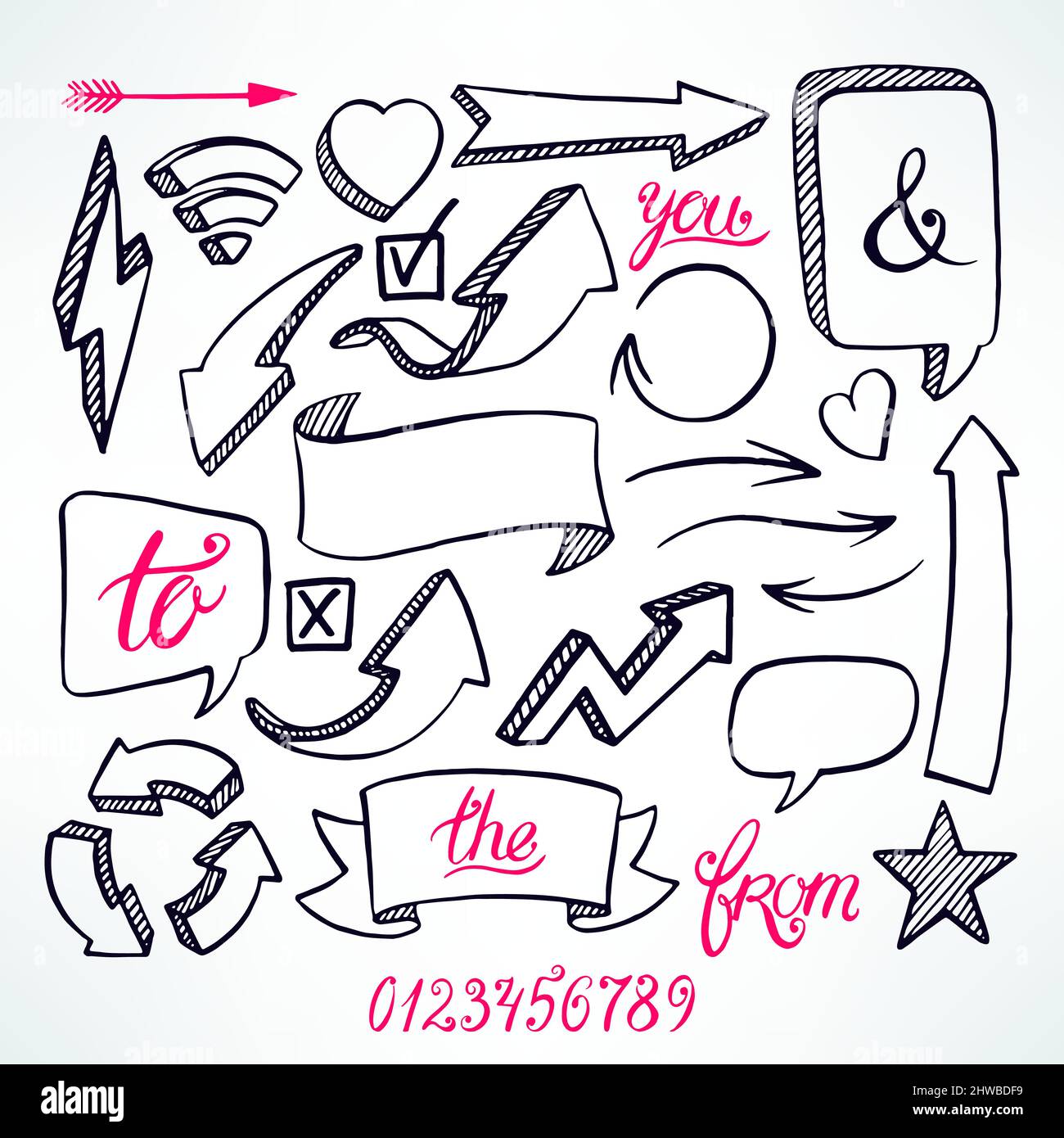 vector set of hand-drawn arrows and bubbles icons on white background ...
