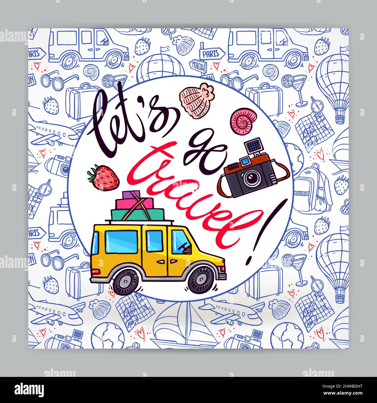 let's go to travel. Cute card on travel theme. hand-drawn illustration ...