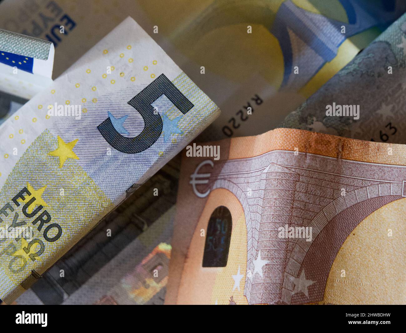 European paper money close-up. A fragment of a 5 euro banknote Stock ...