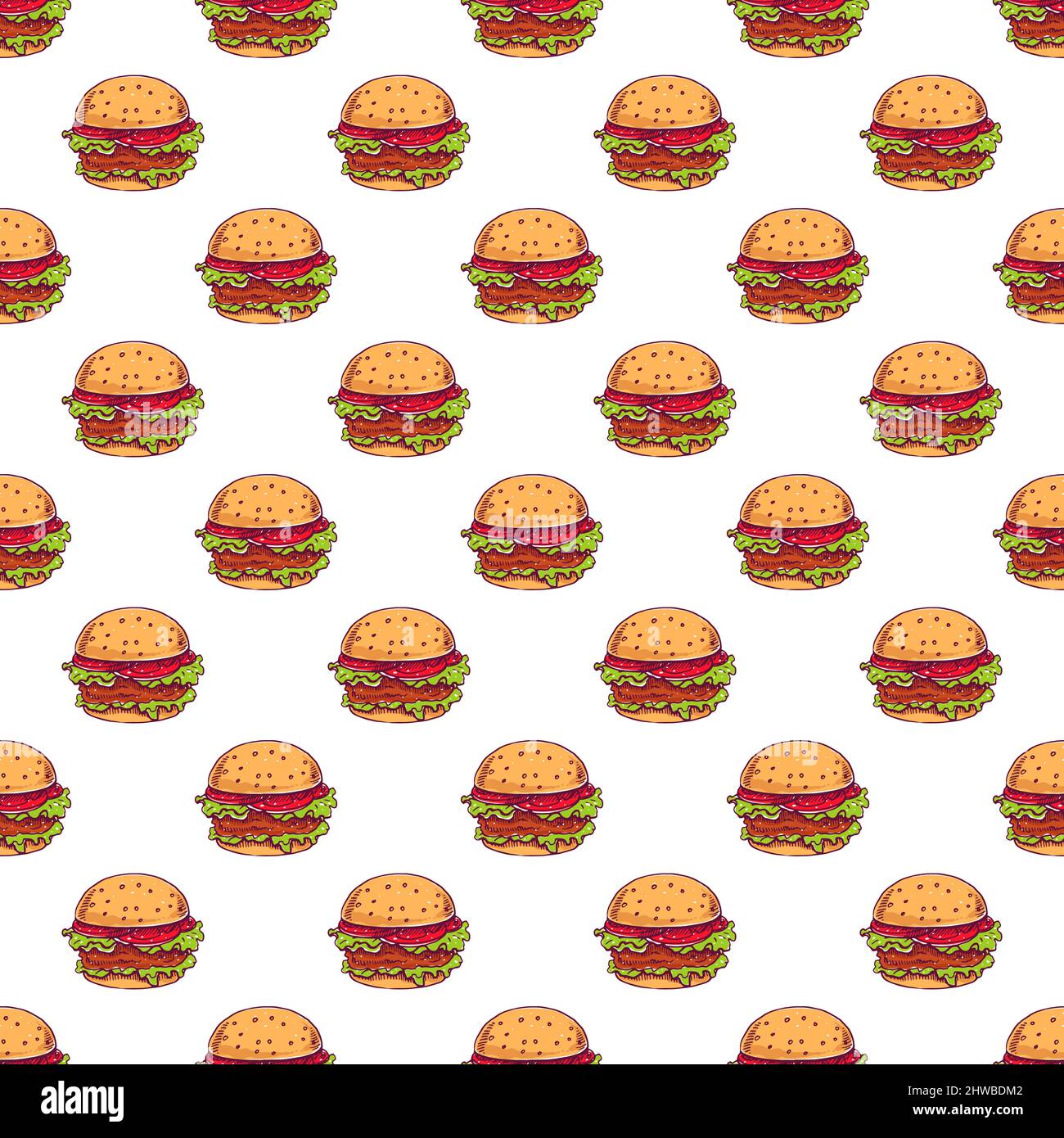 seamless background with appetizing burgers. hand-drawn illustration ...