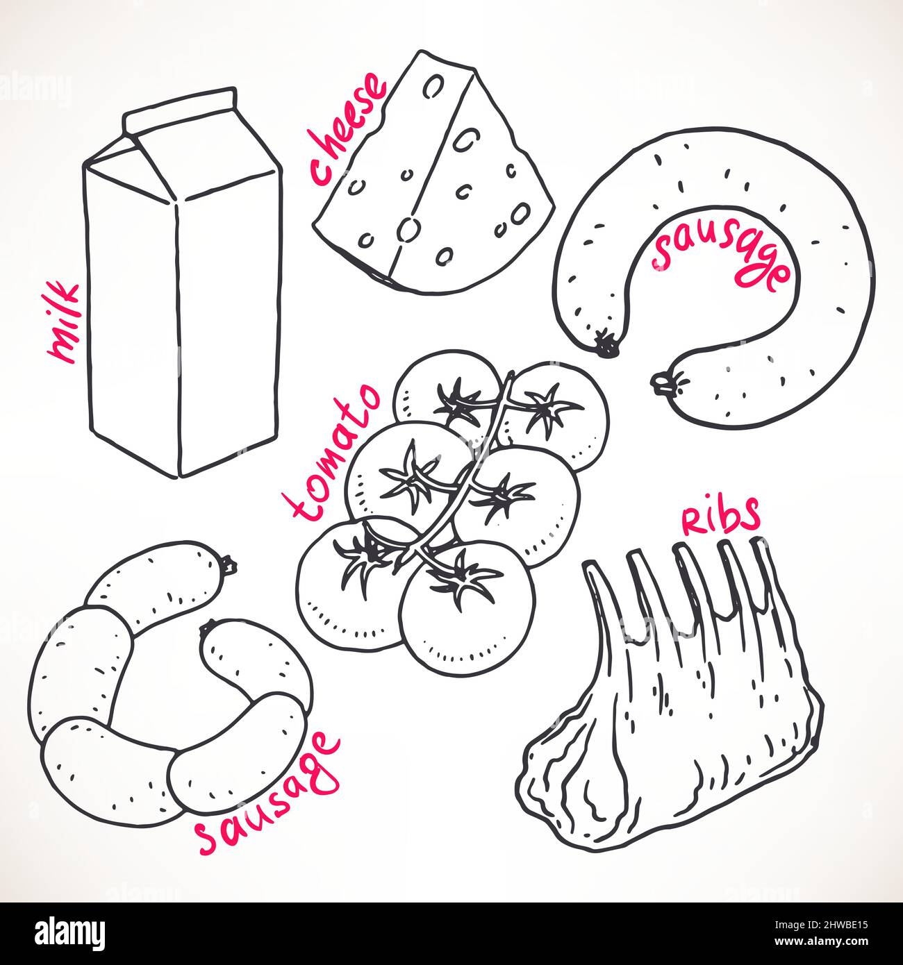 Collection of sketch products. hand-drawn illustration. food icons ...