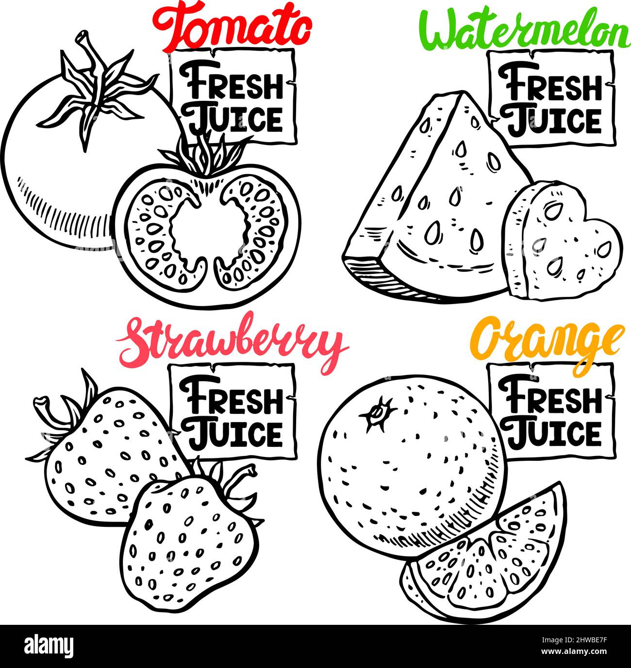 Fresh Juice. beautiful set of fresh fruits and berries. hand-drawn ...
