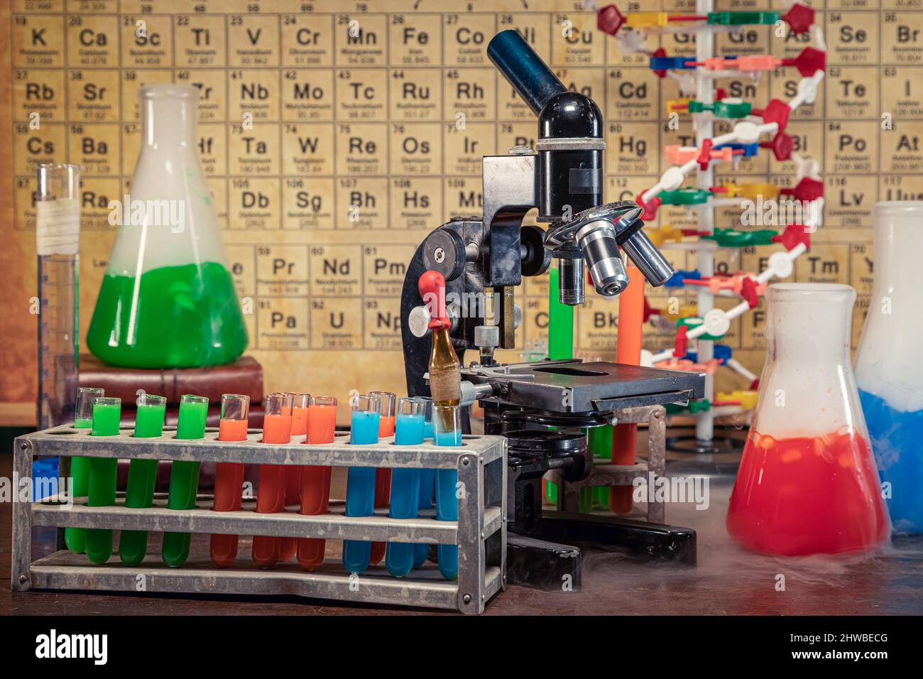 Checking chemical formula in university laboratory with microscope ...