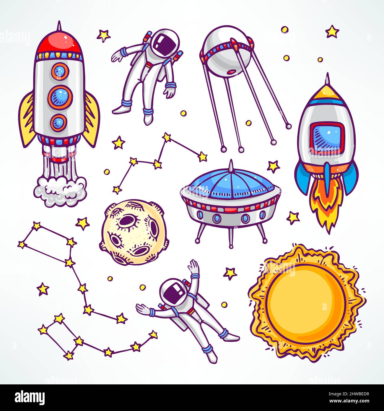 cosmic set with cute rockets and astronauts. hand-drawn illustration ...