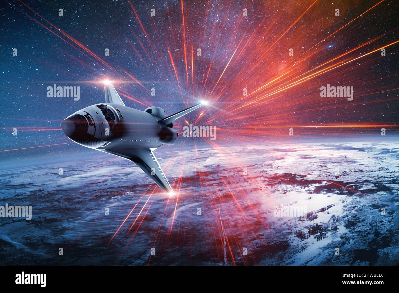 Space shuttle on earth orbit. Stylized space travel and science ...