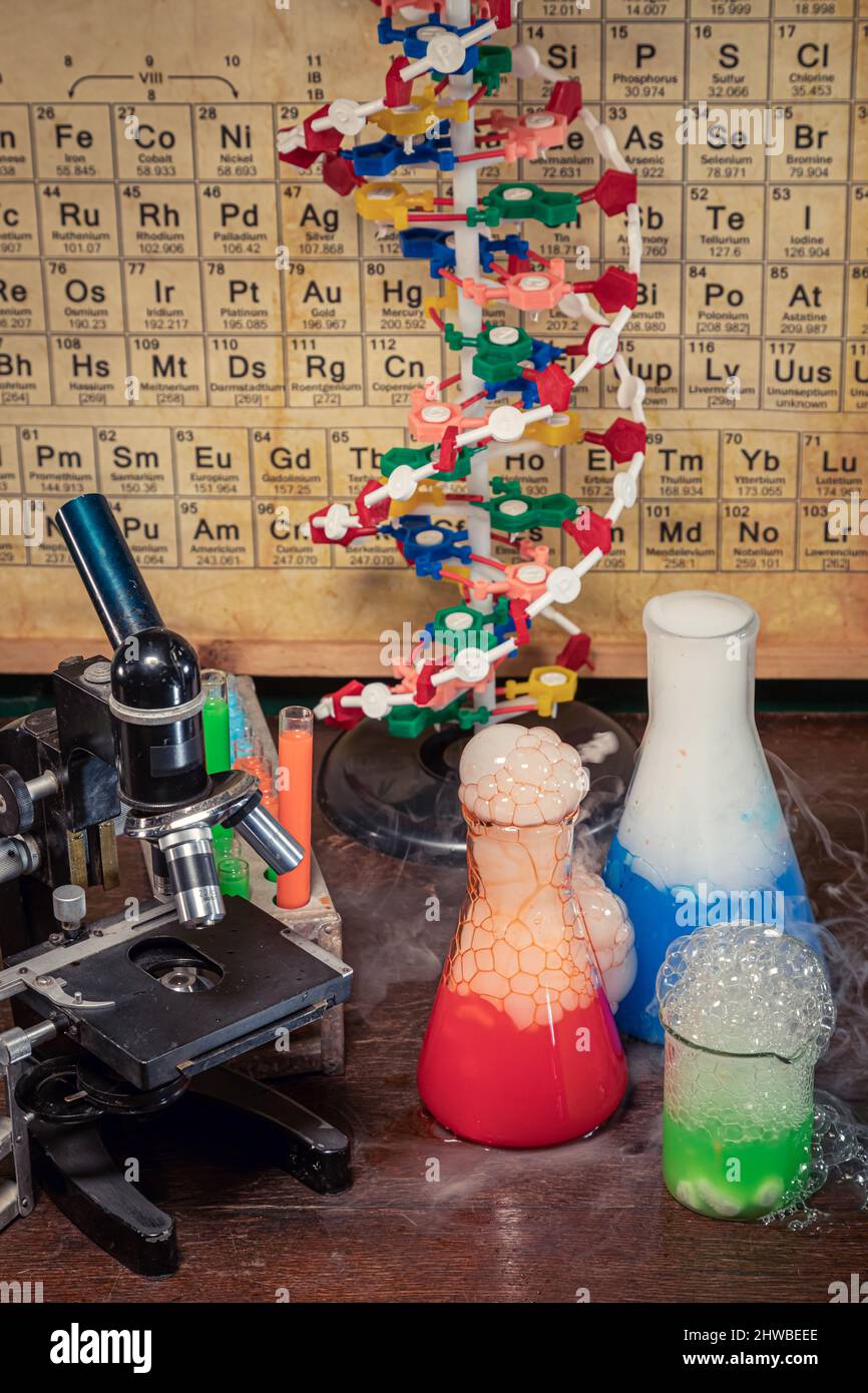 Chemical tests in university laboratory with microscope. Chemistry ...
