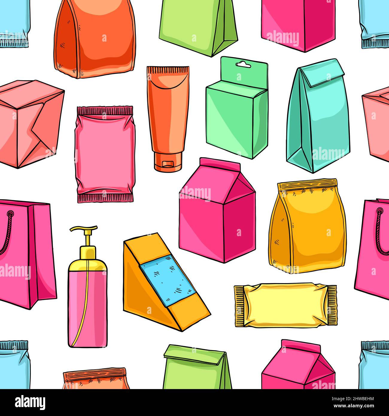 seamless background of different packaging. Hand-drawn illustration ...