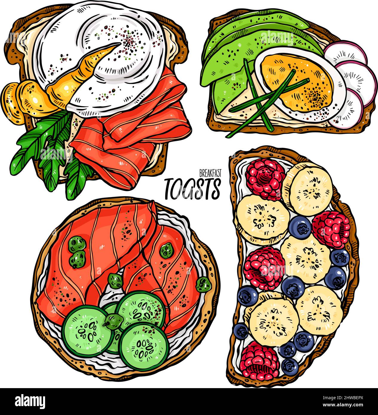 set of delicious breakfast toasts with different ingredients. hand ...