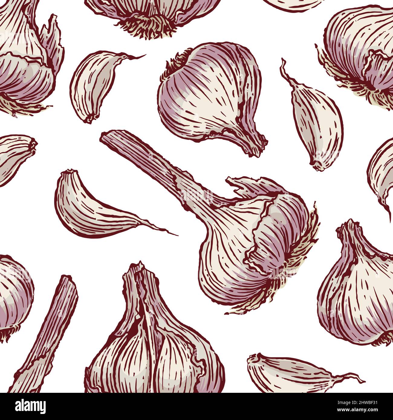 seamless background of Garlic on a white background. hand-drawn ...