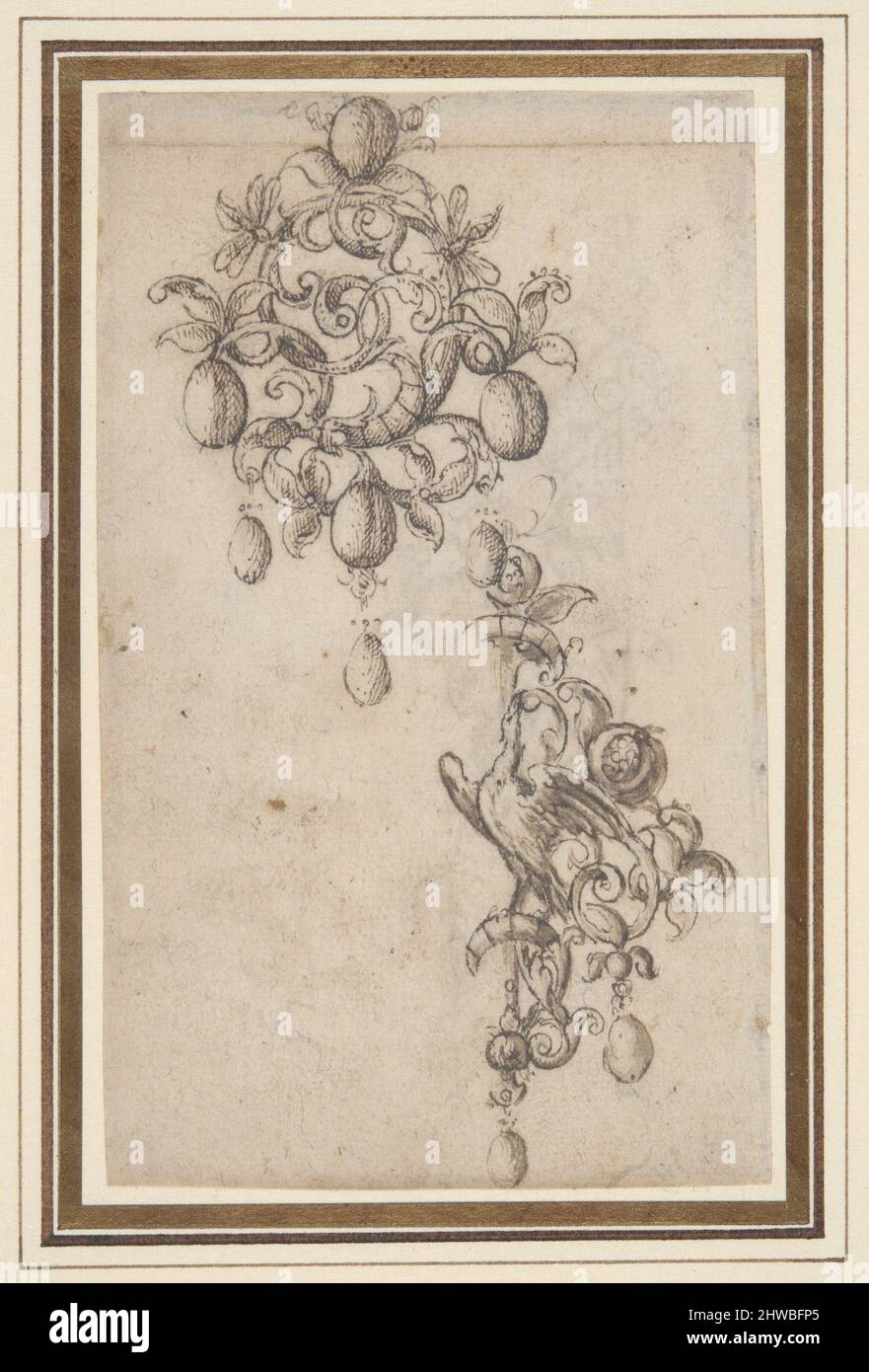 Two designs for brooches with pearl drops (recto); Design for a brooch ...