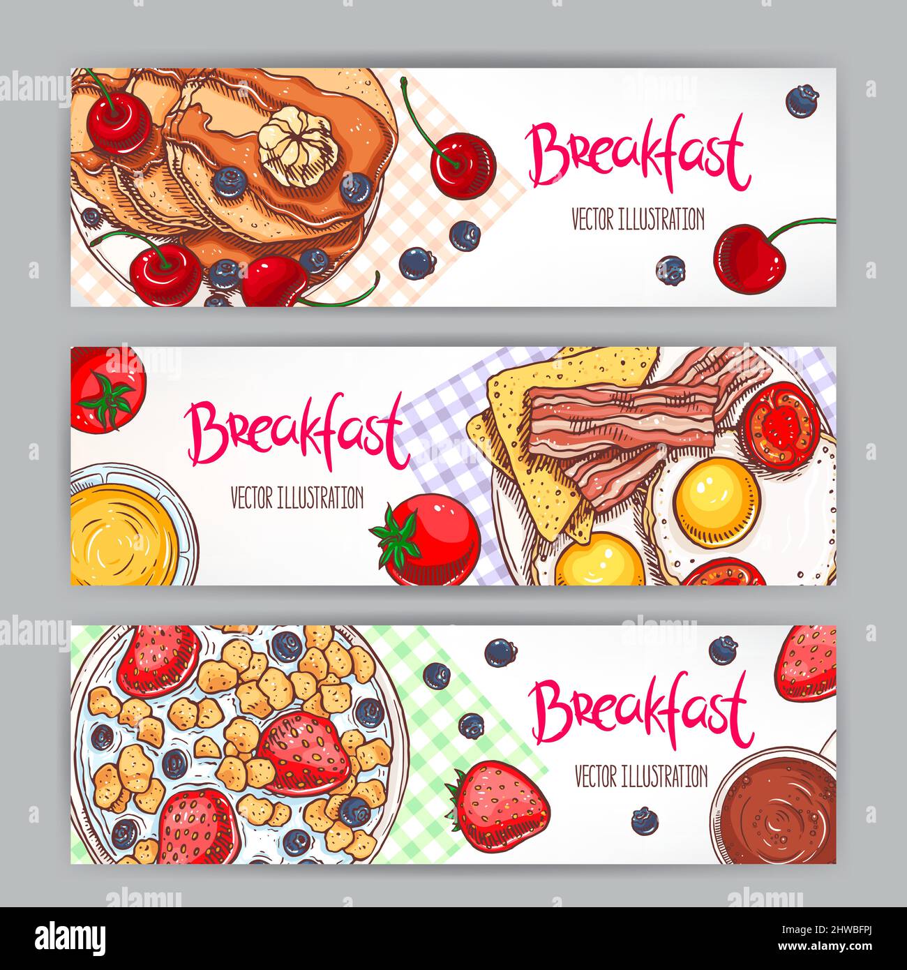 set with three banners of different types of breakfast. hand-drawn ...