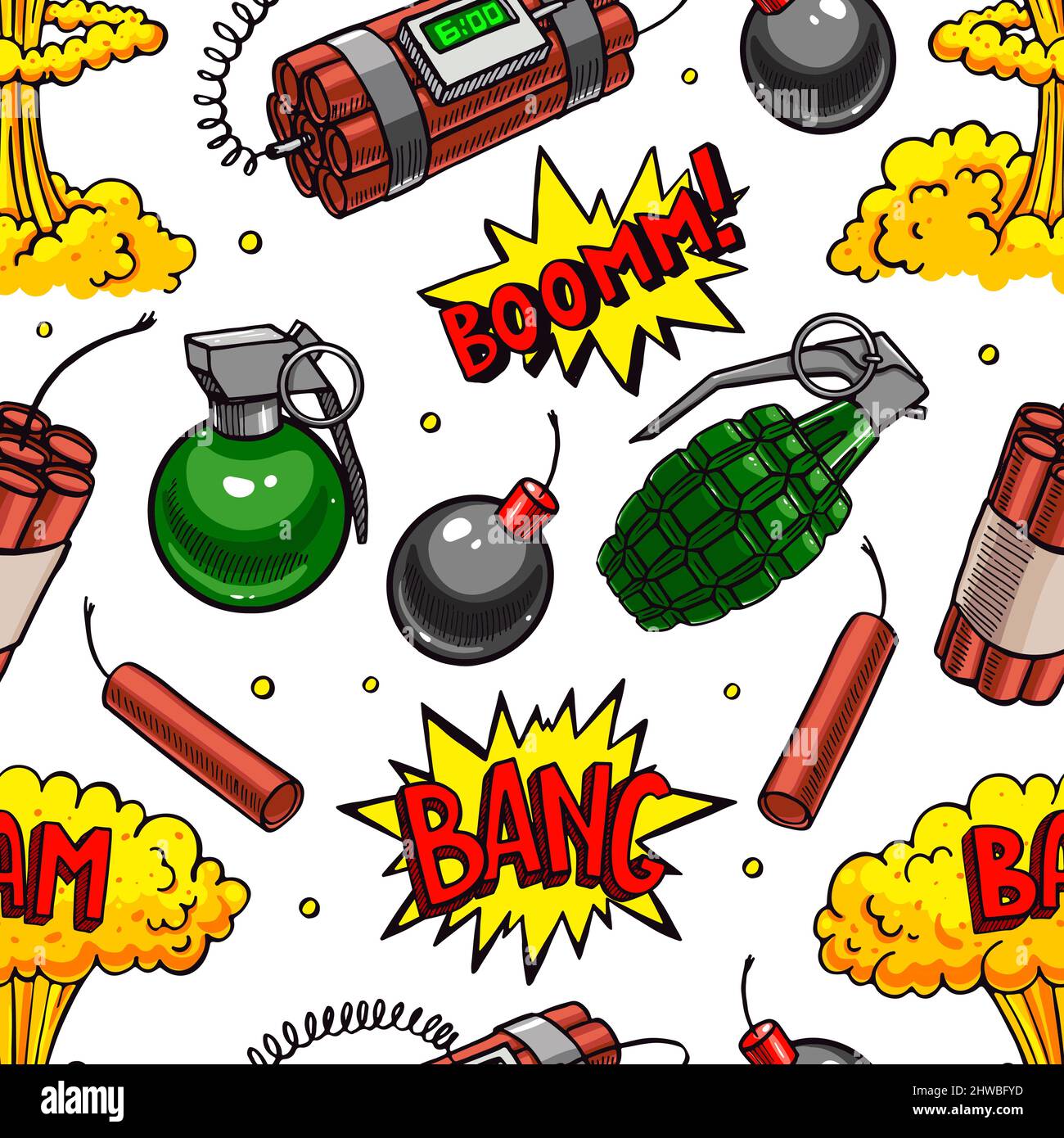 cute seamless pattern of various explosive devices. hand-drawn ...