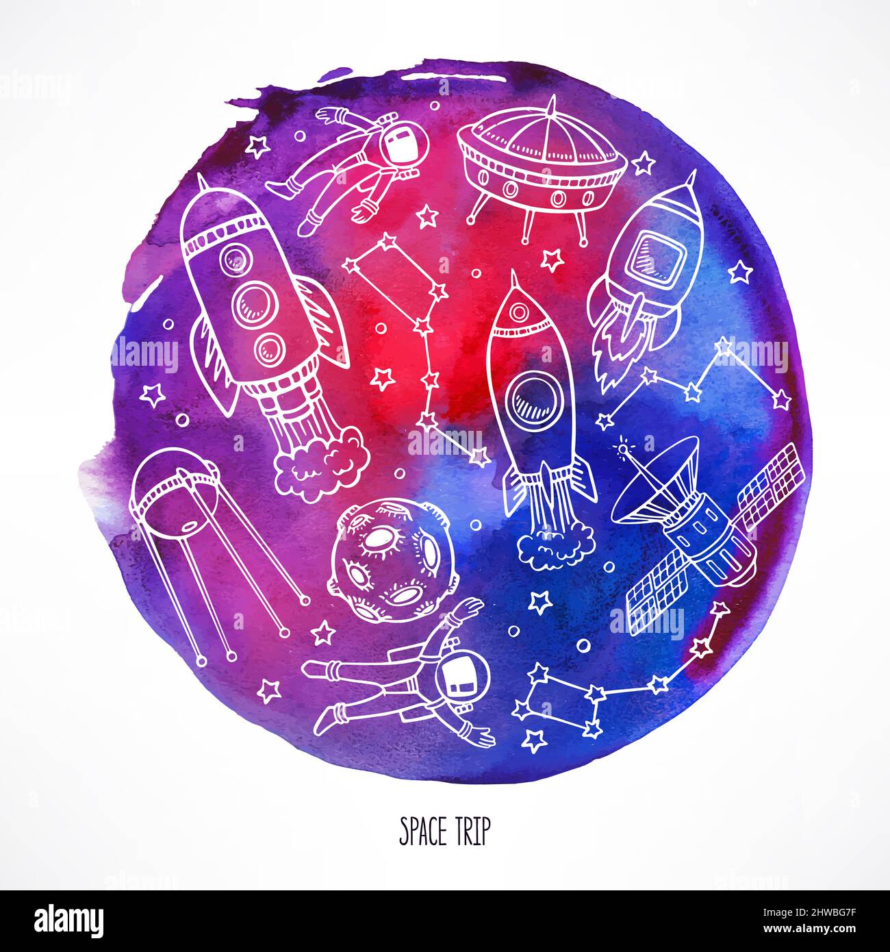 cute rockets and astronauts on a pink and purple watercolor background ...