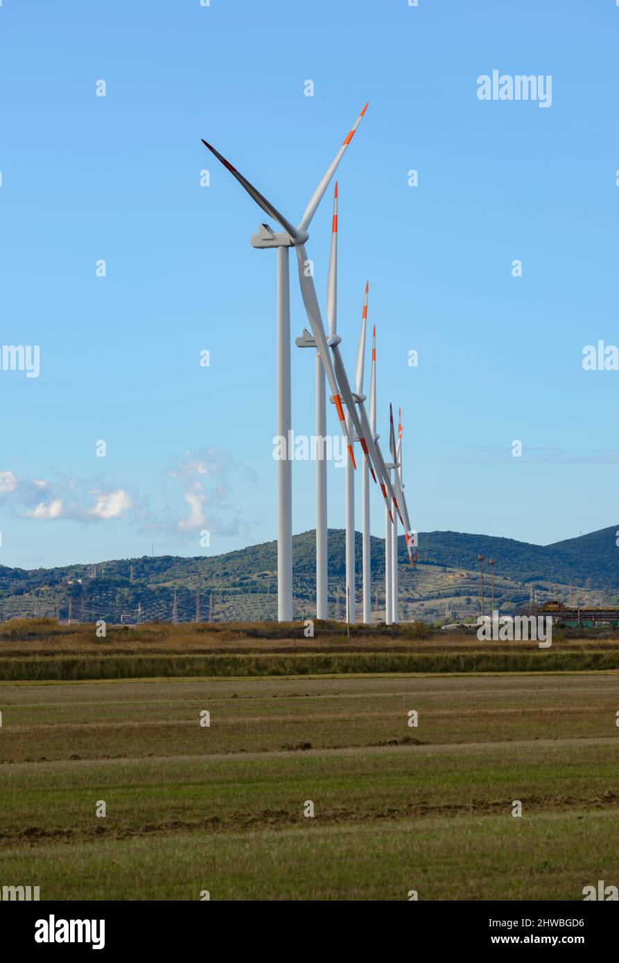 Piombino, Tuscany, Italy. Wind turbines for renewable sources of ...