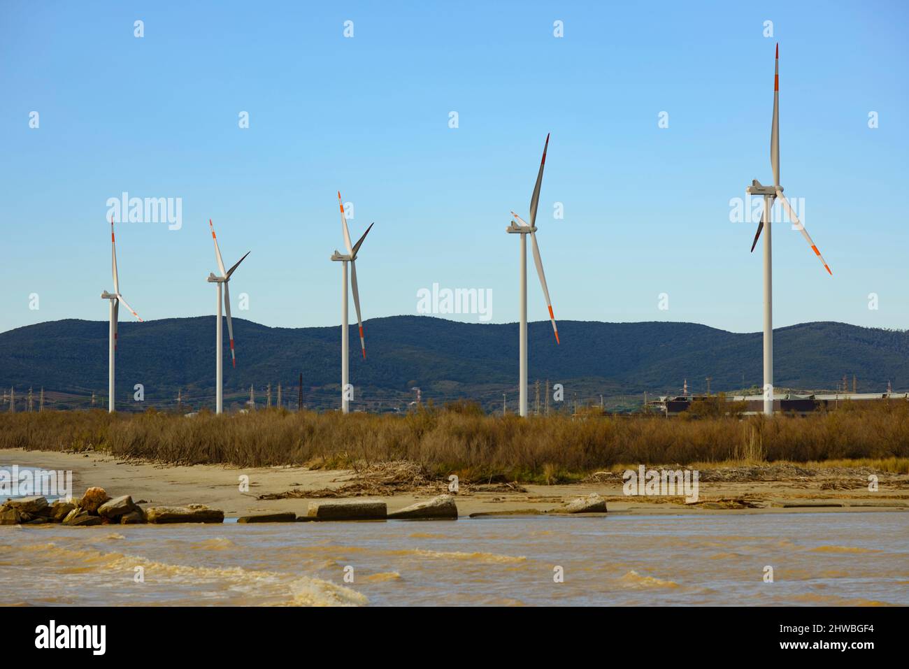 Piombino, Tuscany, Italy. Wind turbines for renewable sources of ...