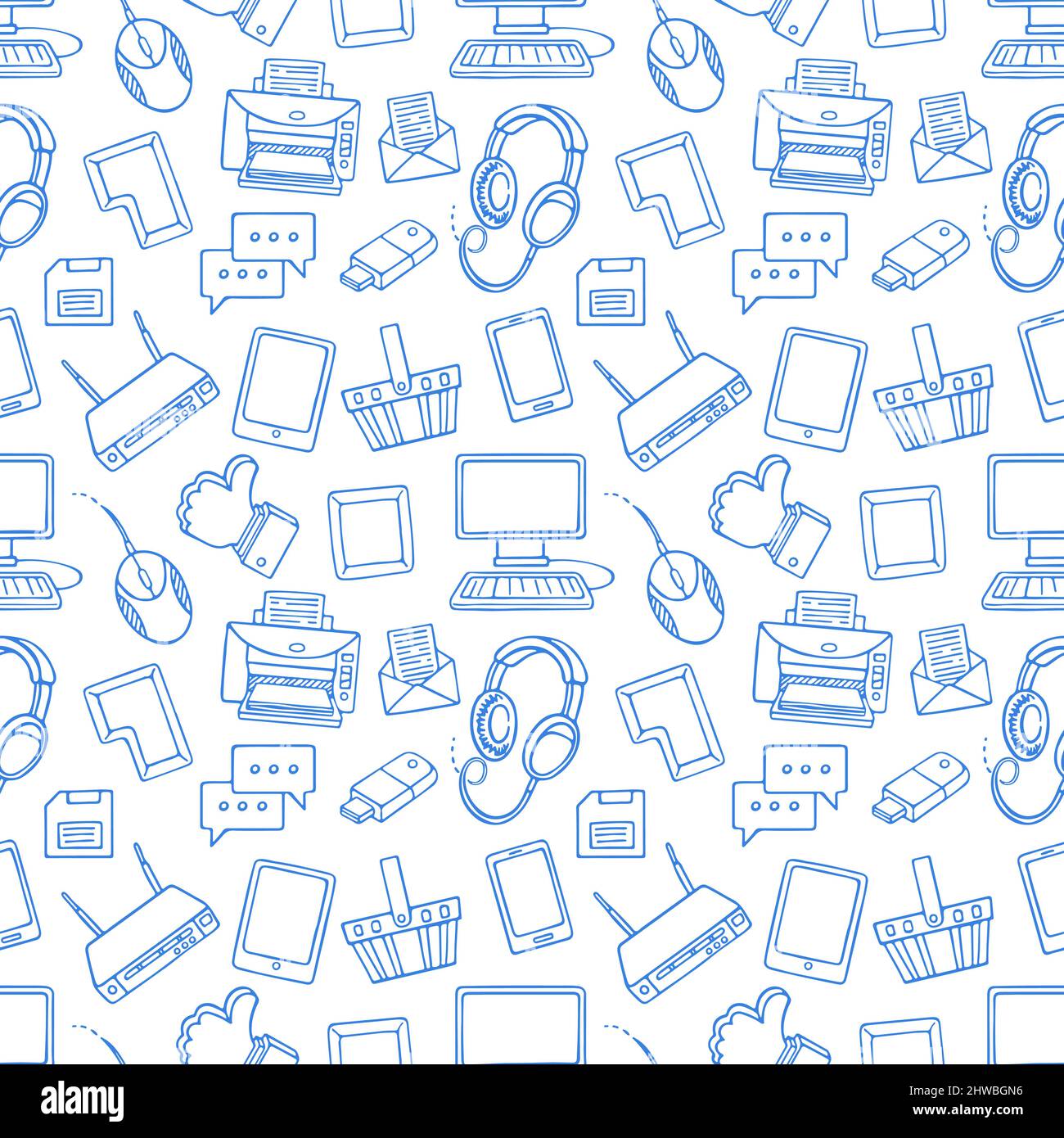 cute seamless pattern with blue computer icons on white background ...