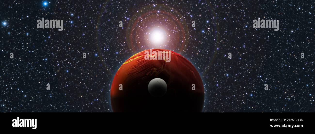 Red dwarf star aligned with a red exoplanet and its moon. Sunrise over ...