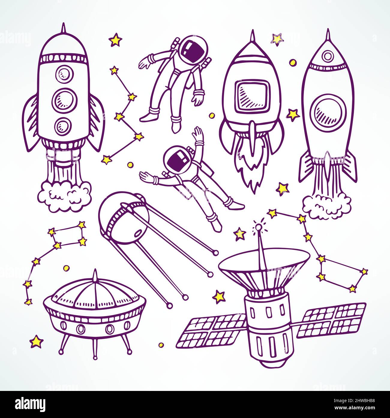 cosmic set with cute sketch rockets and astronauts. hand-drawn ...