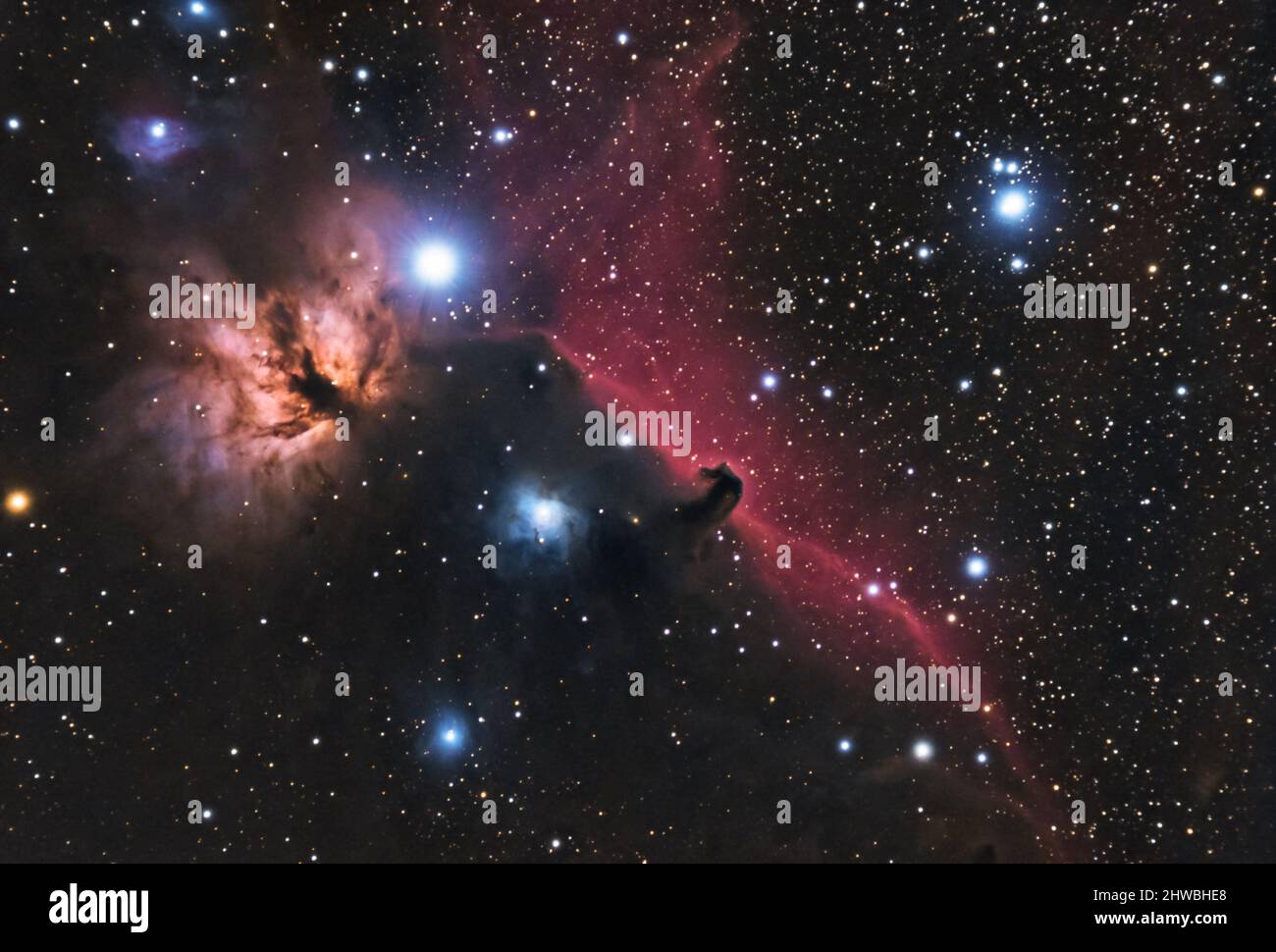 The Horsehead Nebula in Orion. The Flame Nebula NGC 2024, the deep red nebula strip IC 434 with ...