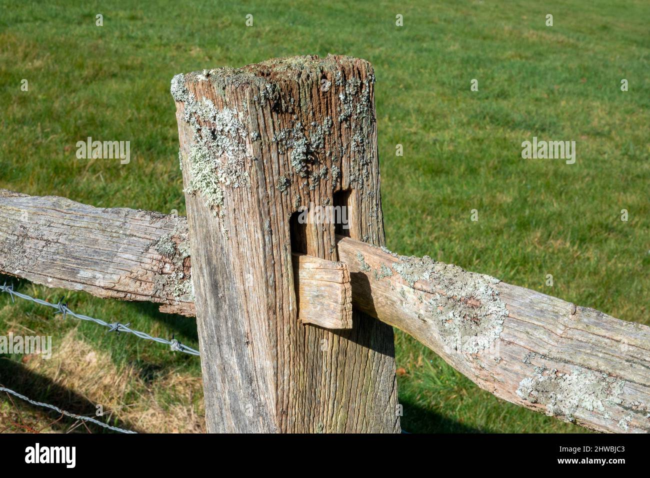 Detail of cleft post and rail wooden fencing showing joints Stock Photo ...