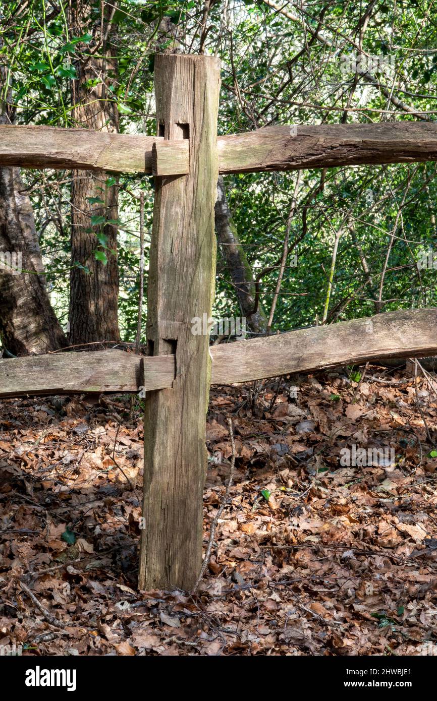 Detail of cleft post and rail wooden fencing showing joints Stock Photo ...