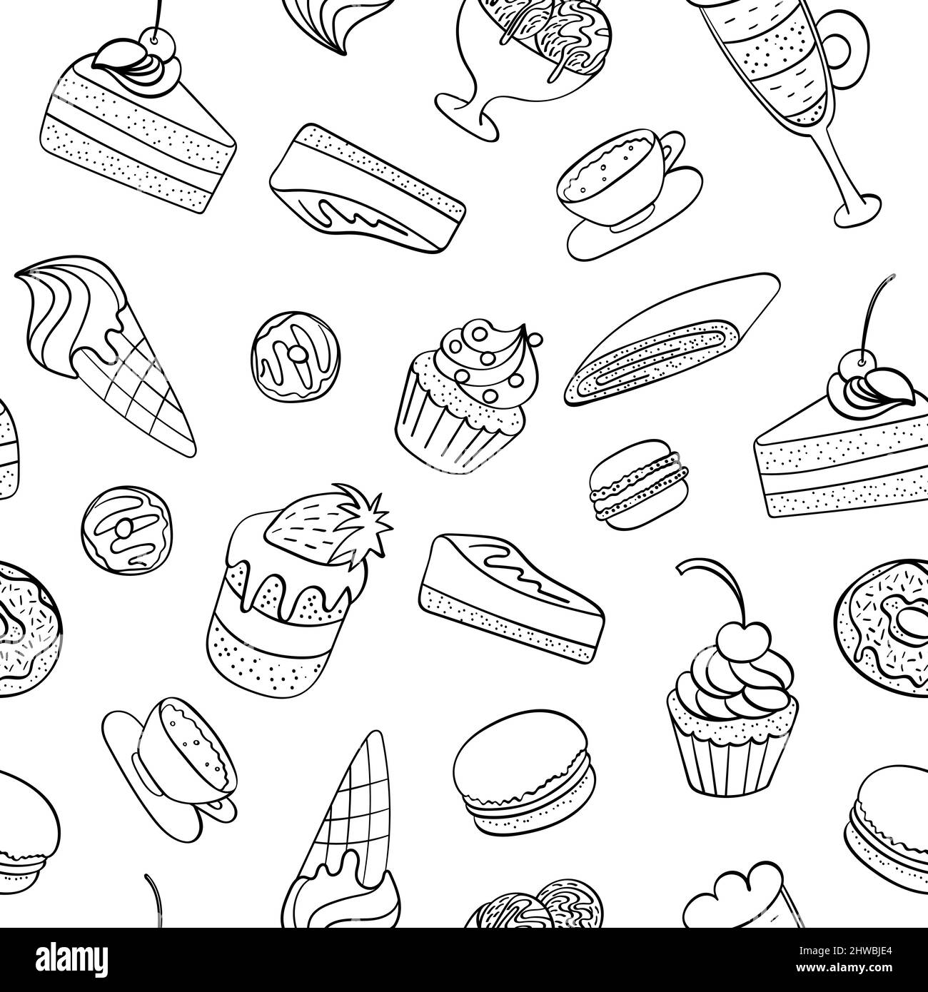 Seamless pattern with sweet dessert doodles. Hand drawn cakes on white ...