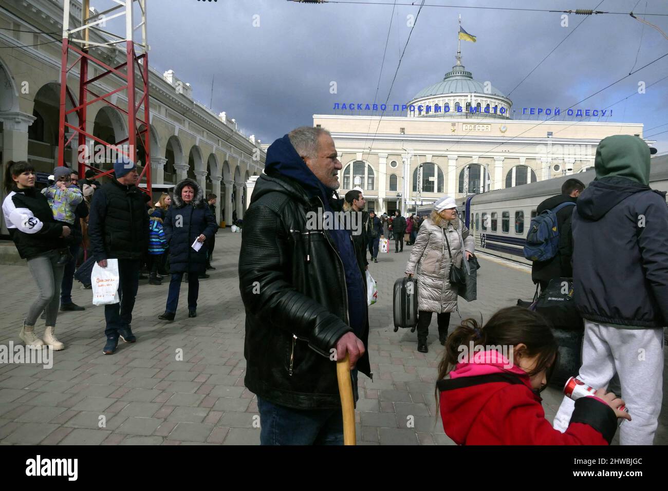 Odesa, Ukraine - March 4, 2022 - Adults and children are pictured on ...