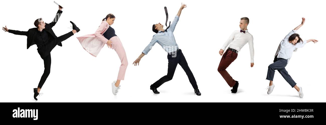 Happy office workers jumping and dancing in business style outfits ...