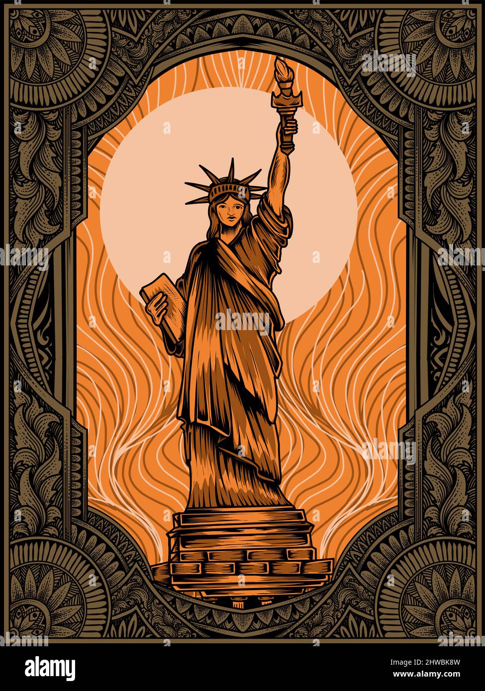illustration vector liberty statue on vintage engraving ornament Stock ...