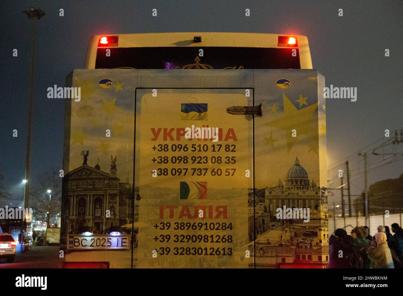 View of the bus that brought Ukrainian people in front of Roma Ostiense ...