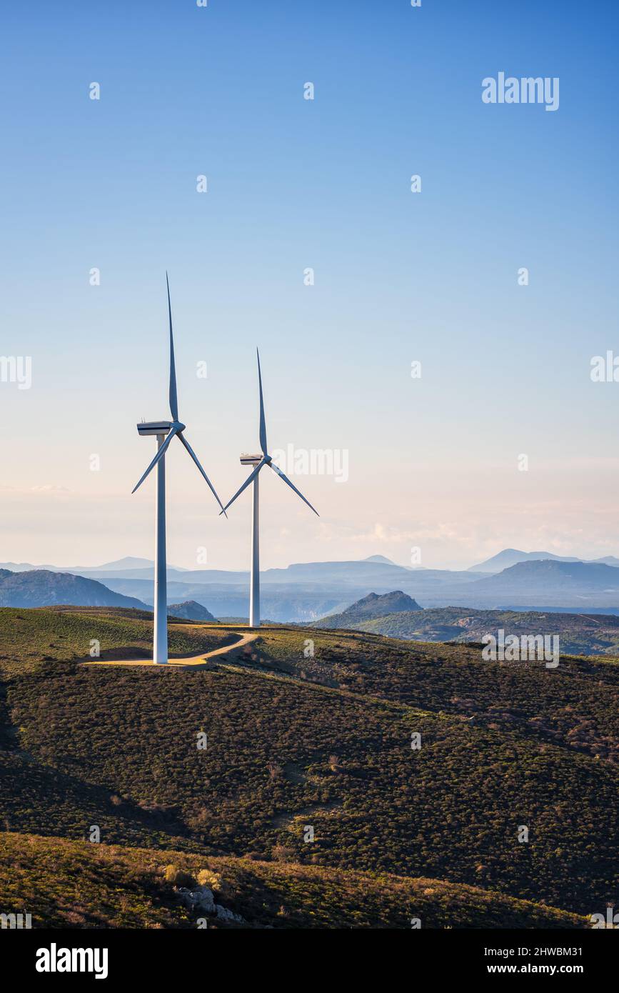 Wind turbines on a beautiful blue sky in a mountain wind farm in ...