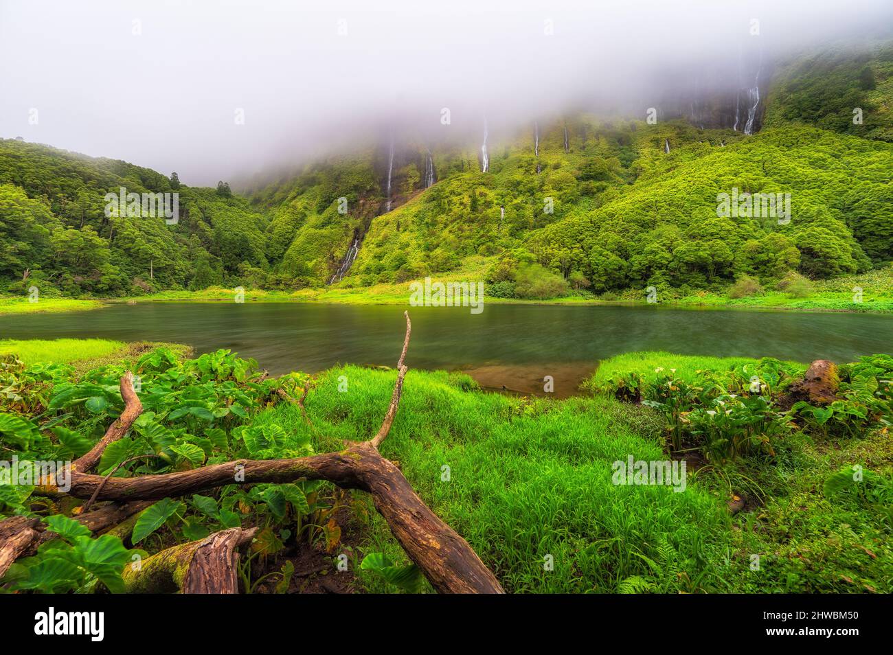 Azores scenic landscape, Flores island. Iconic lagoon with over 20 ...