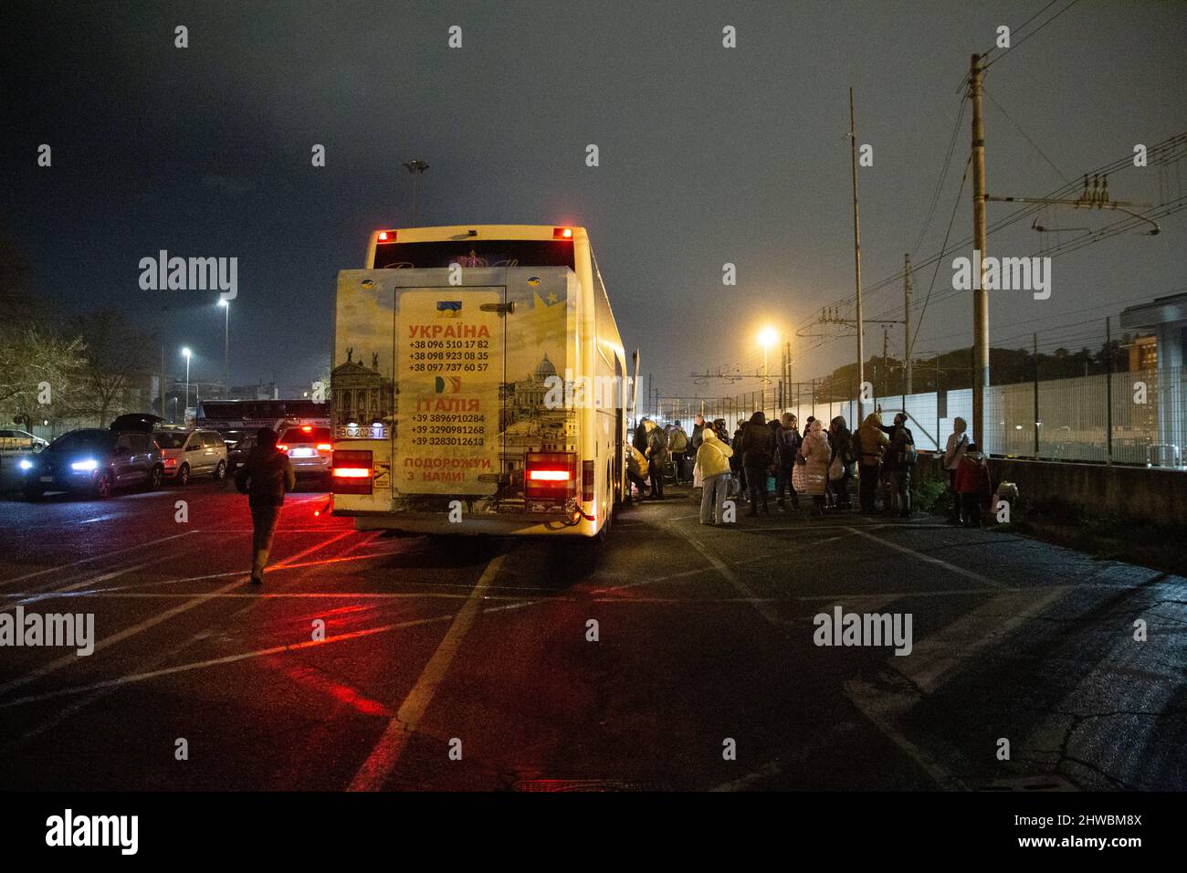 View of the bus that brought Ukrainian people in front of Roma Ostiense ...