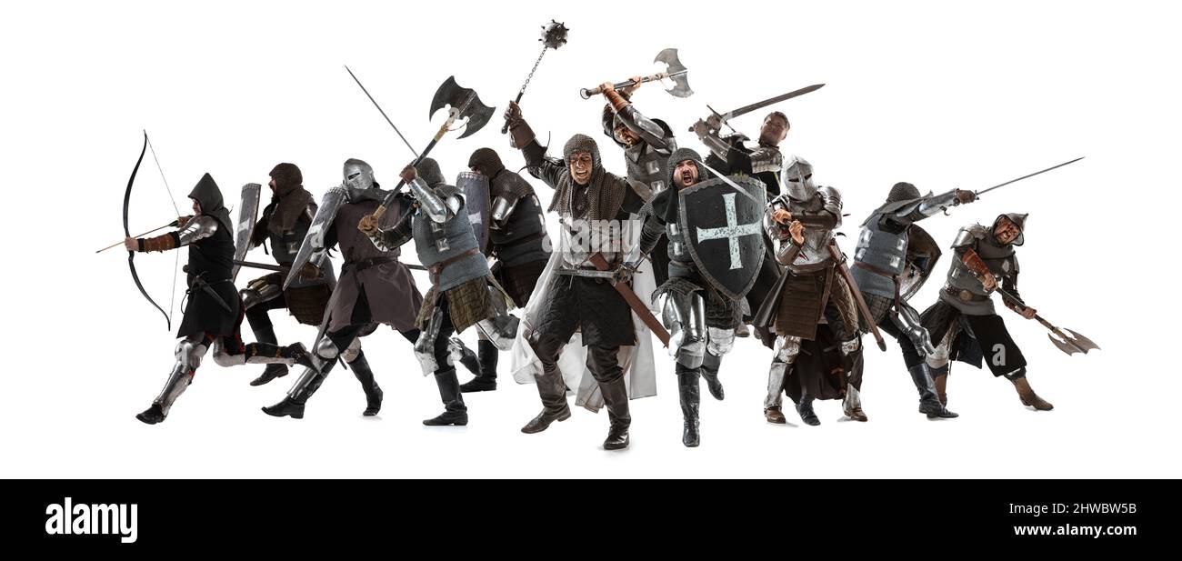 Army. Brave armored knights with professional weapon fighting isolated ...