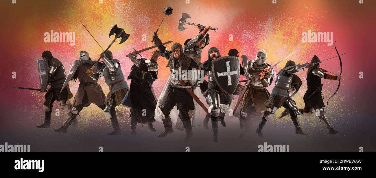 Photocollage with angry serious medieval warriors or knights war ...