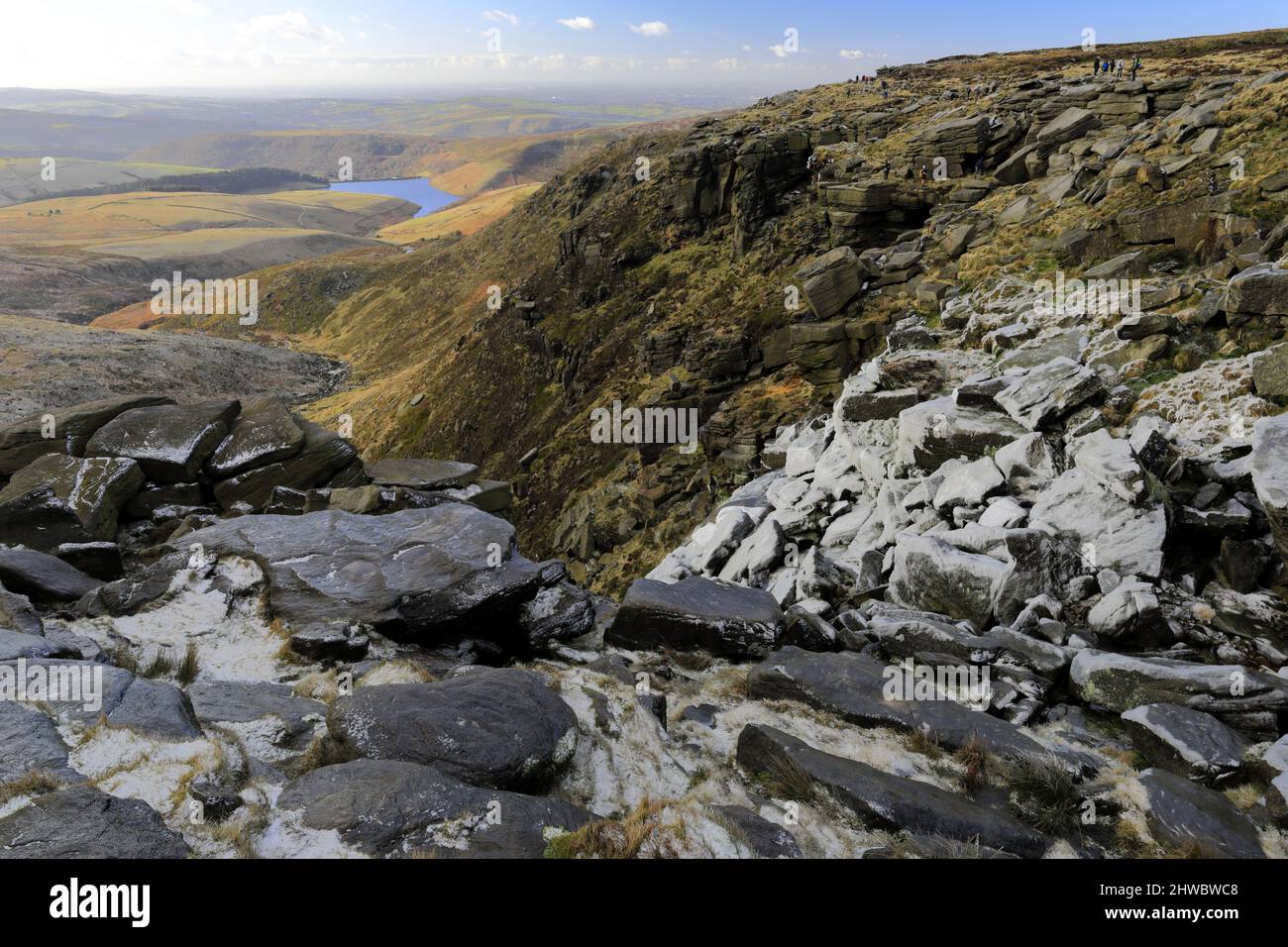 A frozen Kinder Downfall waterfall, Kinder Scout, Pennine Way, Peak ...