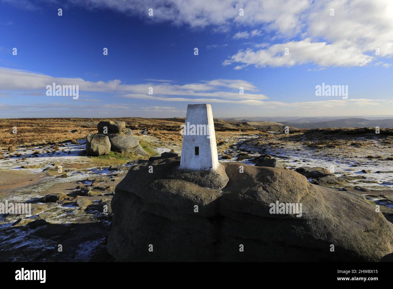 View of the OS Trig Point on Kinder Scout, Pennine Way, Derbyshire ...