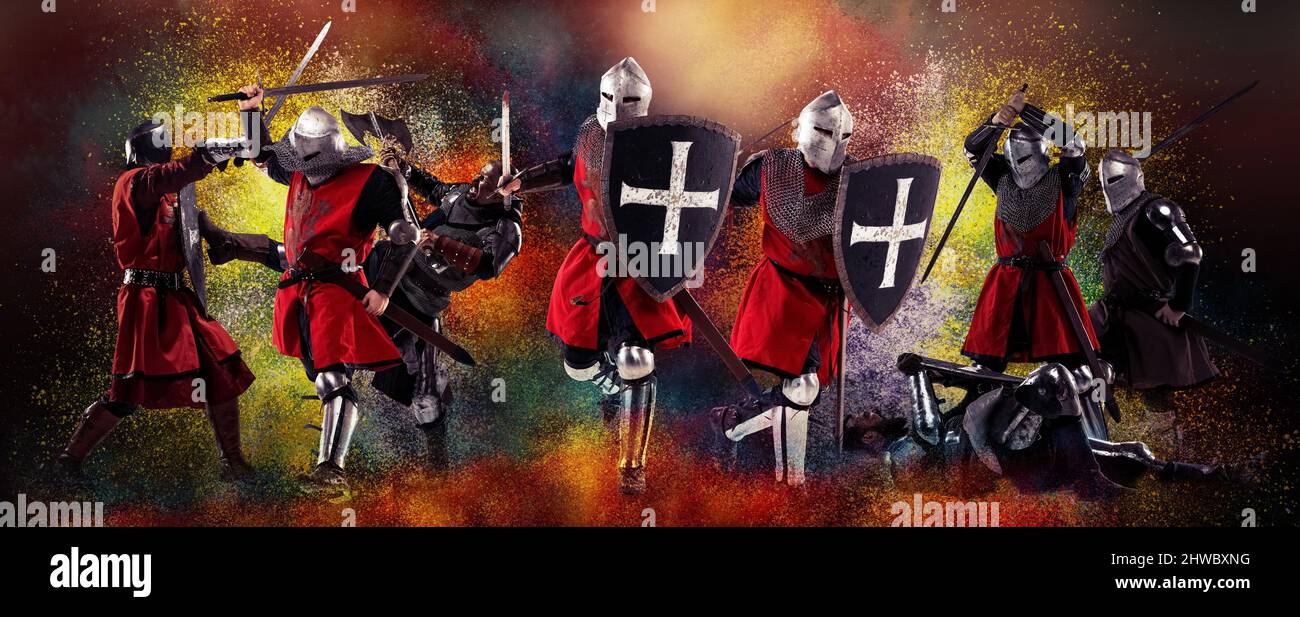 Photocollage with angry serious medieval warriors or knights war ...