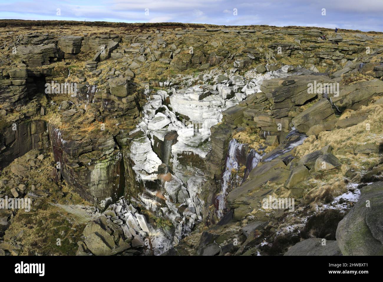 A frozen Kinder Downfall waterfall, Kinder Scout, Pennine Way, Peak ...
