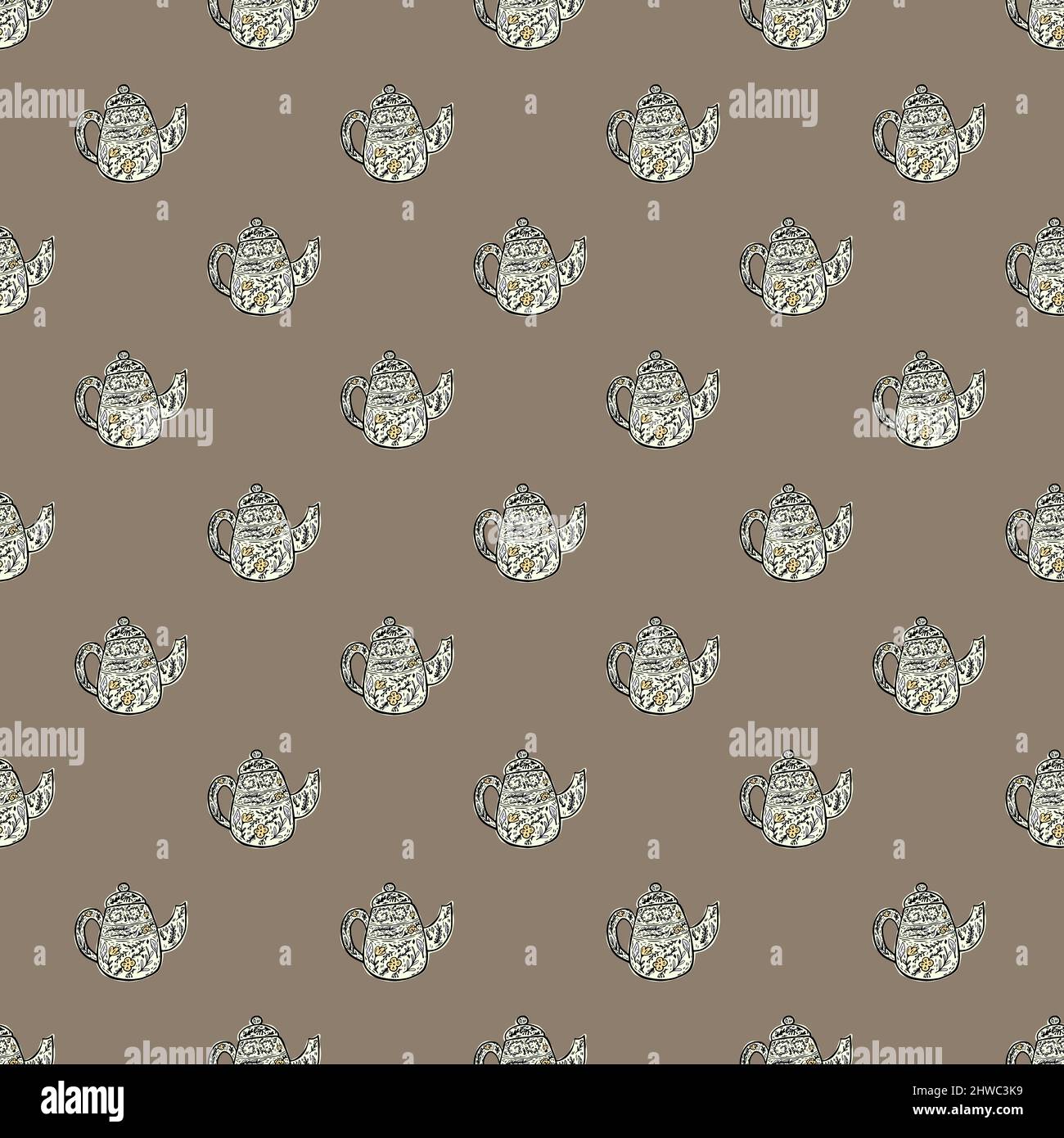 Vintage teapots seamless pattern. Background of teatime in hand drawn ...