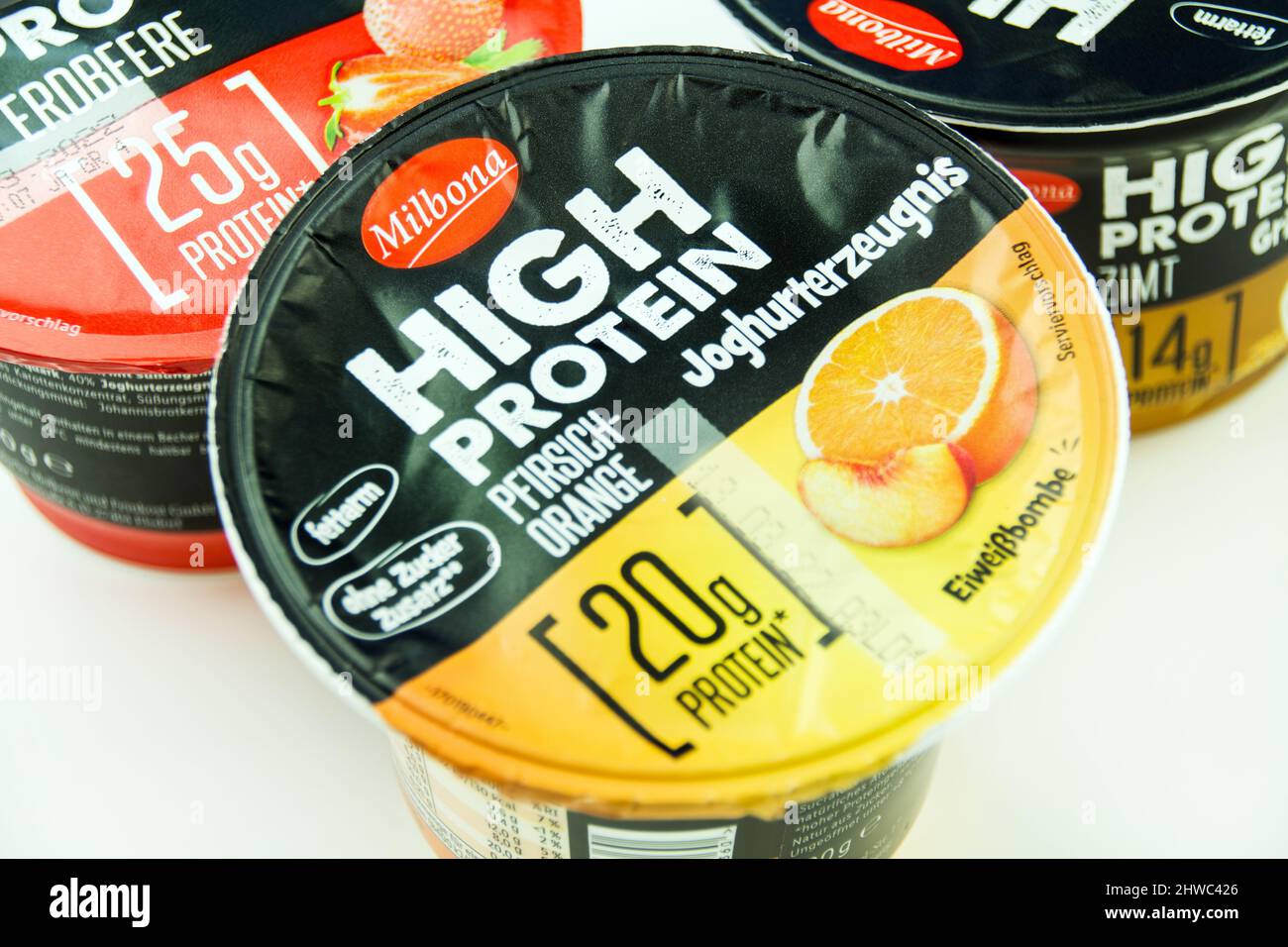 Hamburg, Germany - February 20 2022: Various Milbona milk products with ...