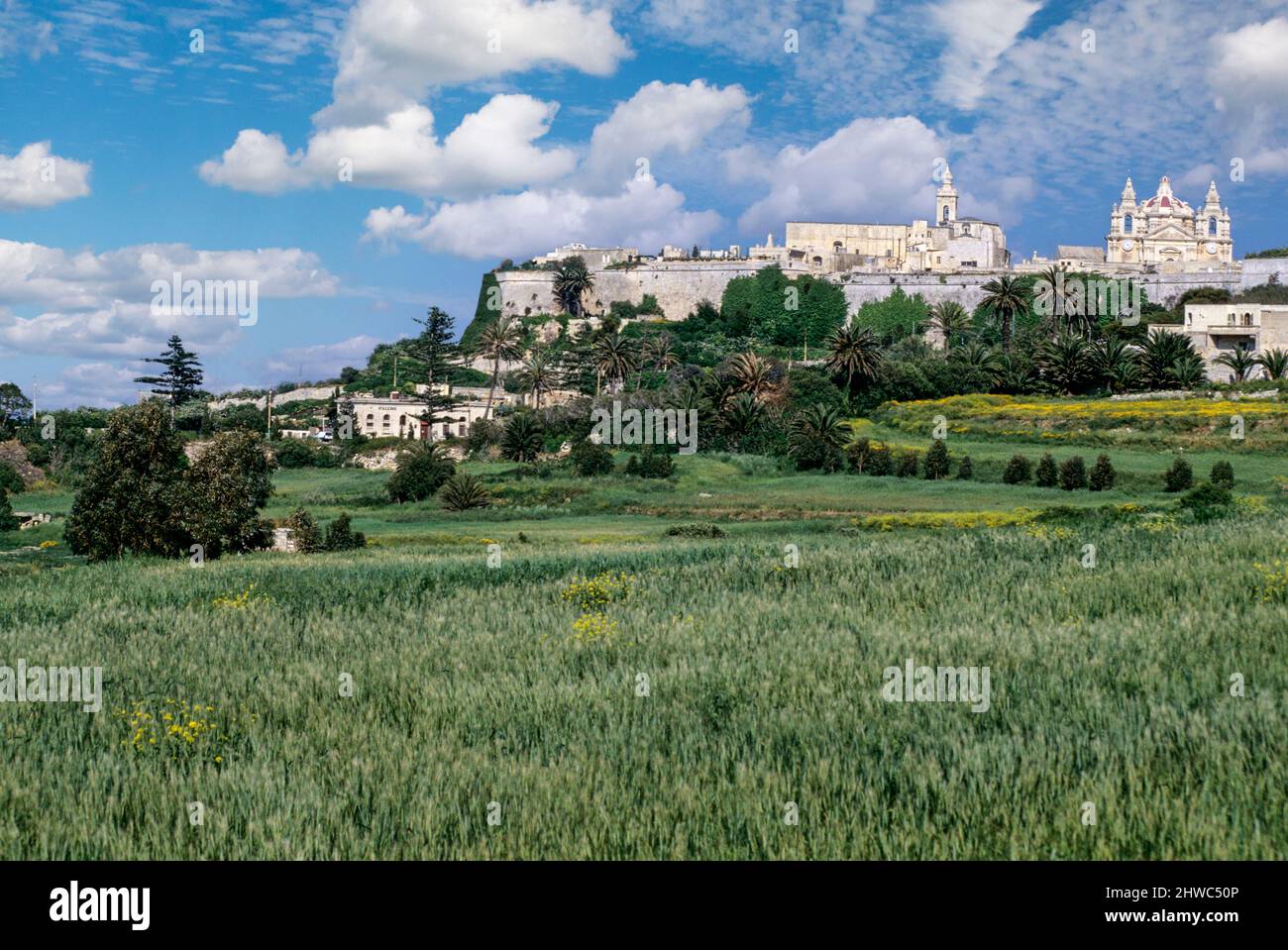 Mdina, Malta. Hilltop, City Walls, Church, Fields, view from the West ...