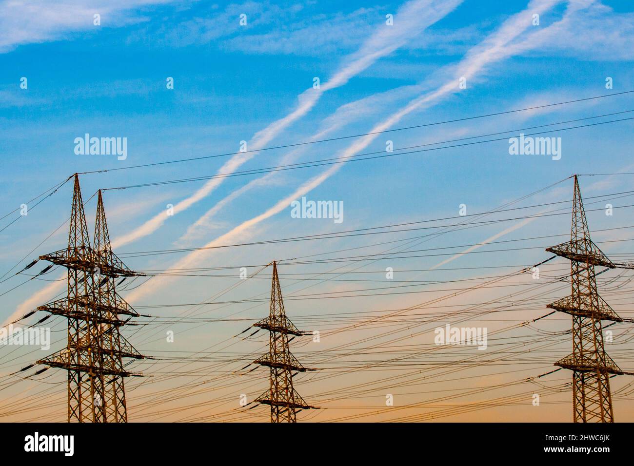 electrical tower in landscape with blue sky in sunrise Stock Photo - Alamy