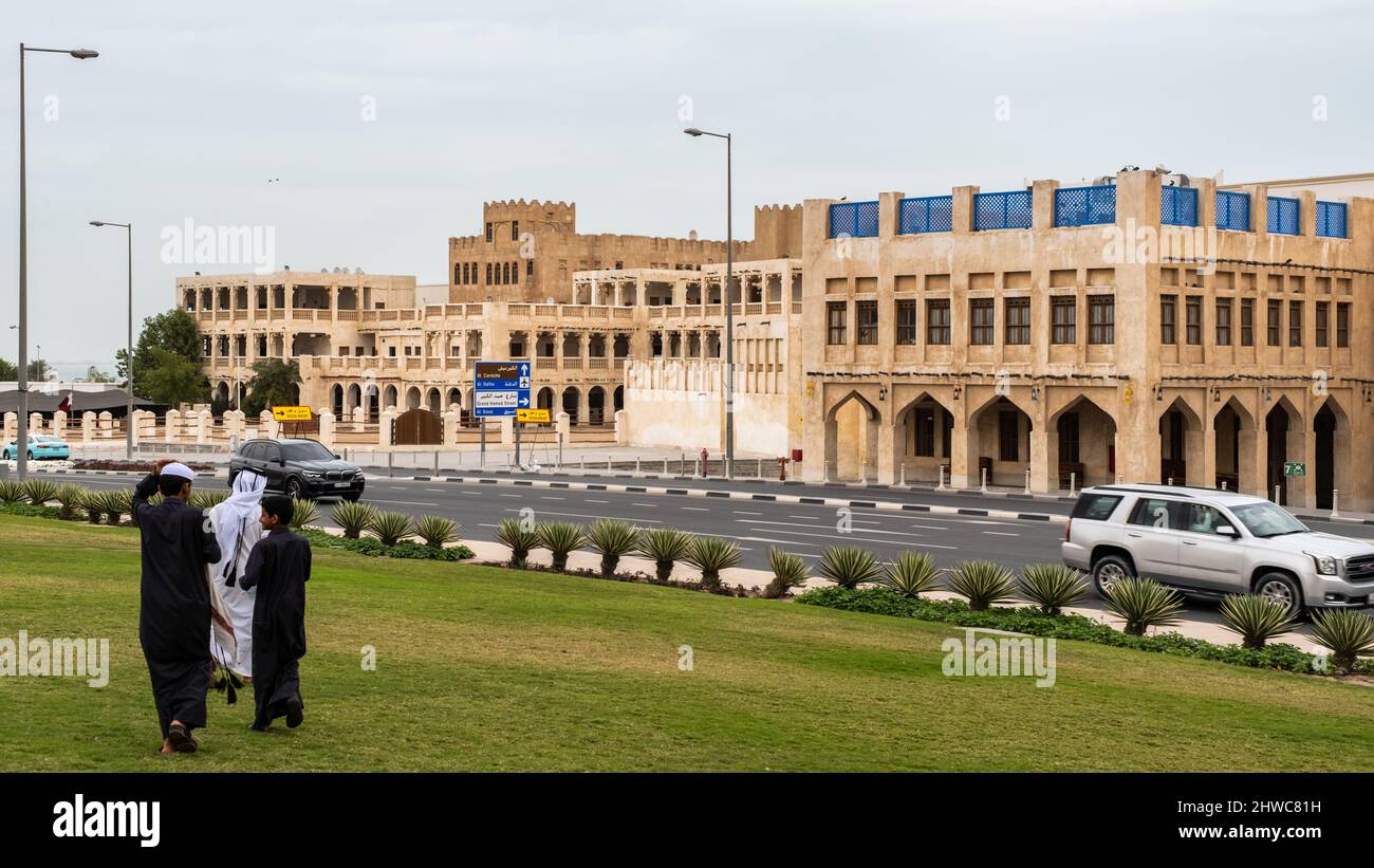 Doha, Qatar - January 15th 2022: Qatari building architecture in Falcon ...