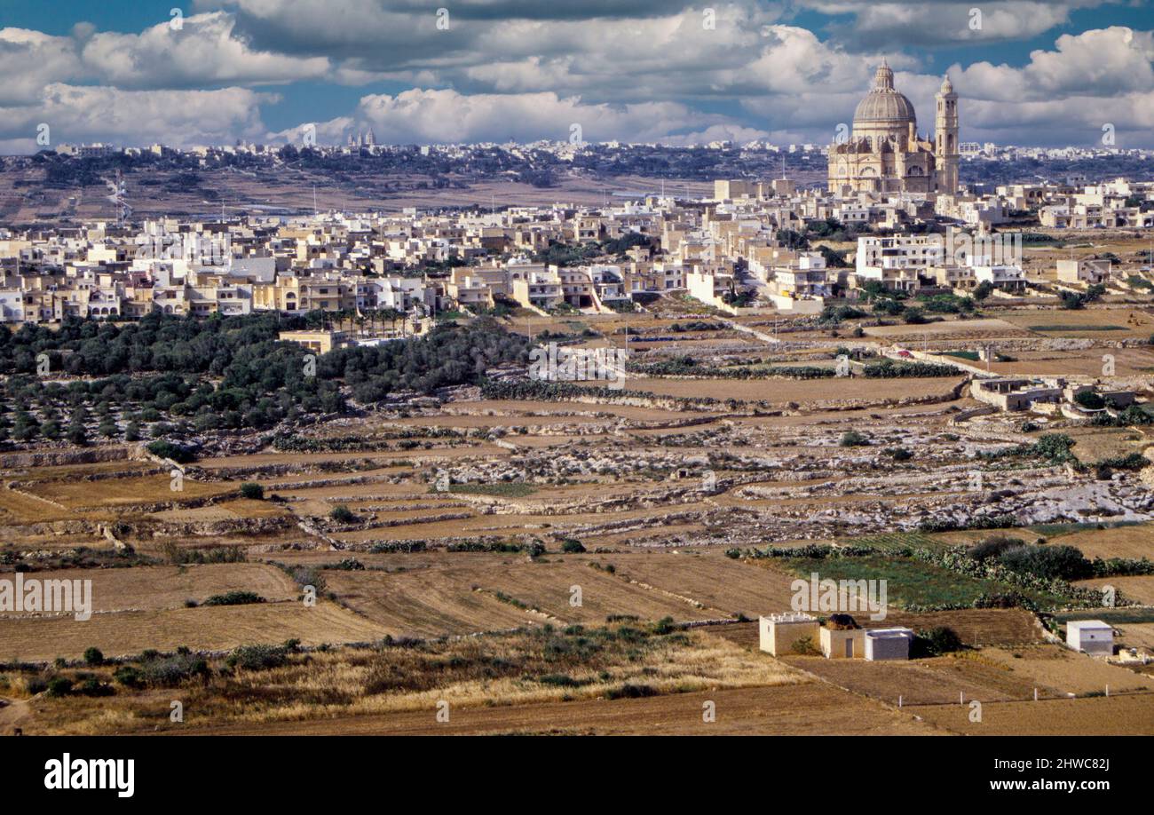 Gozo, Malta. Farmland, town of Xewkija in middle distance Stock Photo ...