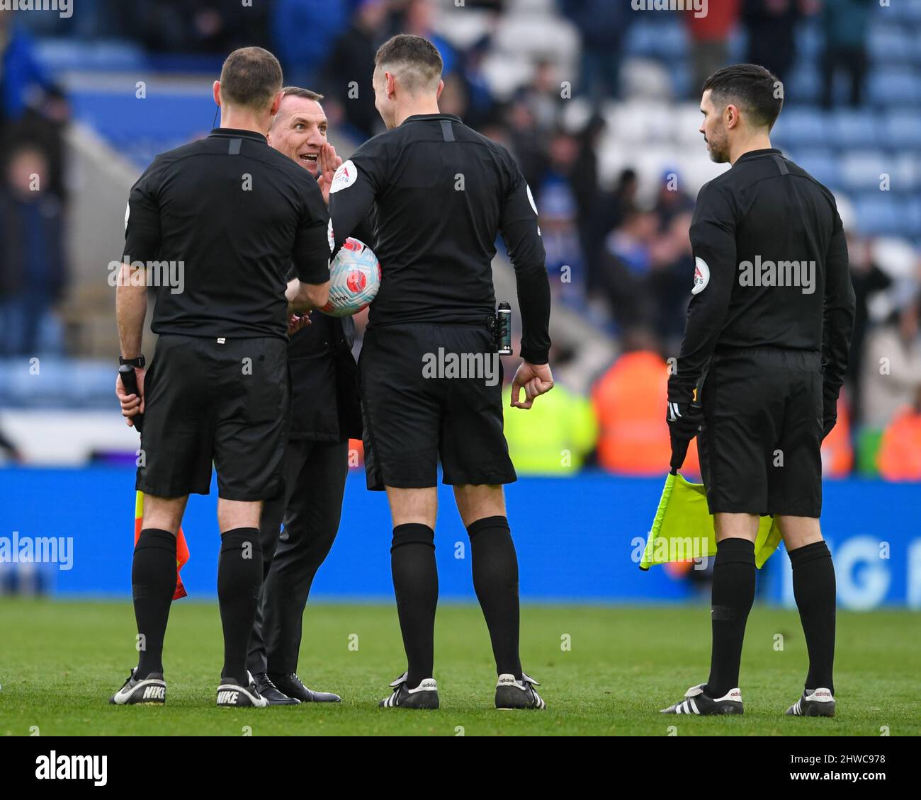 Brendan Rogers manager of Leicester City speaks to referee David Coote ...