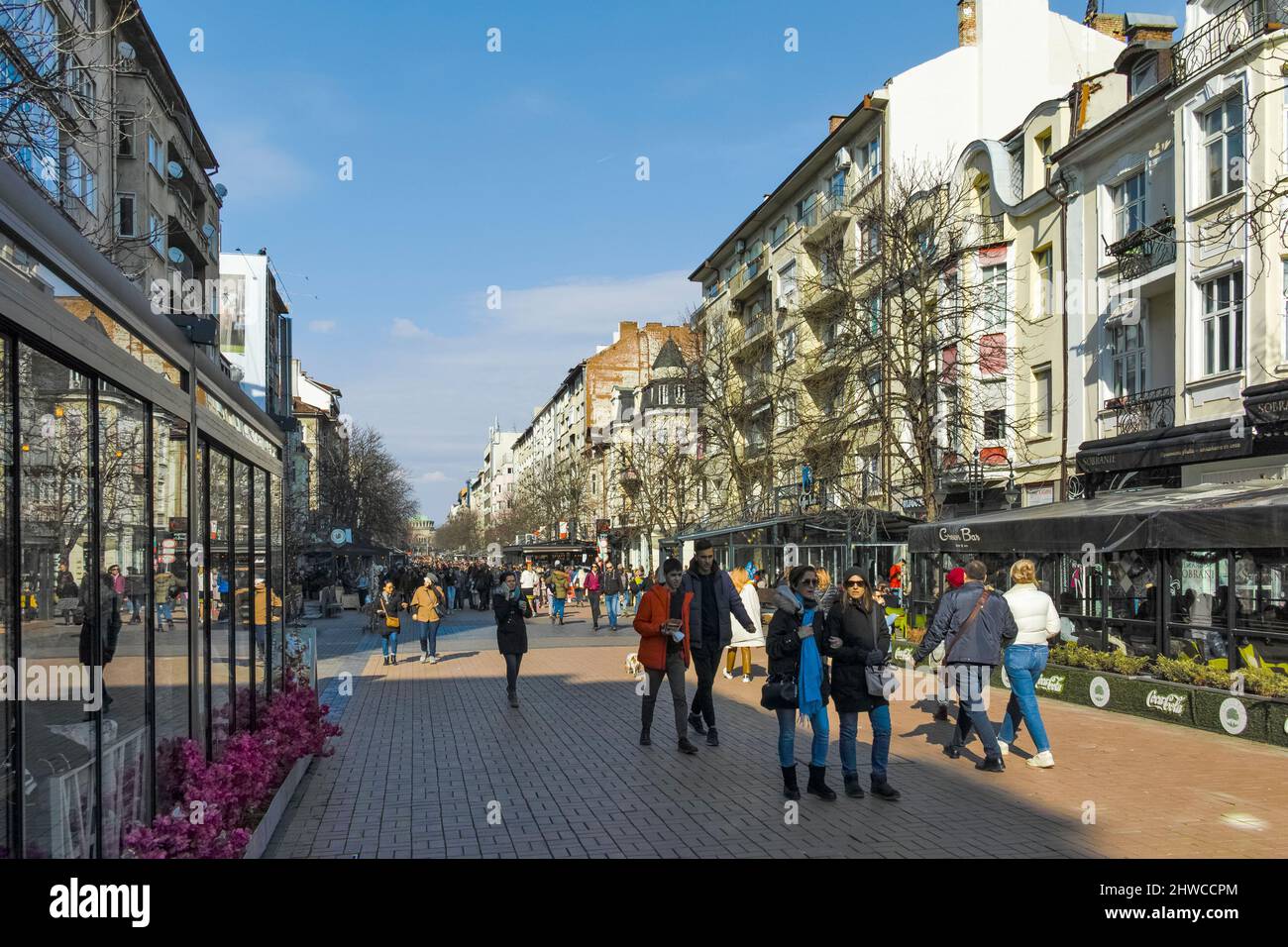 SOFIA, BULGARIA -FEBRUARY 26, 2022: Walking people on Boulevard Vitosha in city of Sofia ...