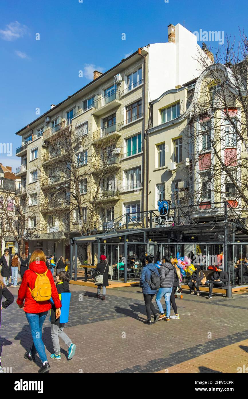 SOFIA, BULGARIA -FEBRUARY 26, 2022: Walking people on Boulevard Vitosha in city of Sofia ...