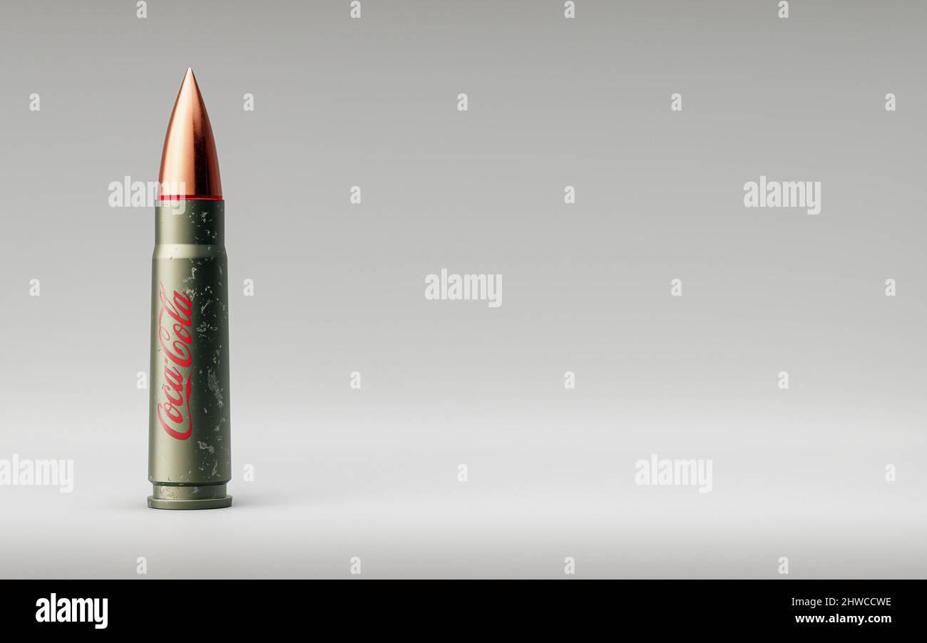 Kiev, Ukraine. March 4 2022. Coca-Cola Logo ona a machine gun bullet ...
